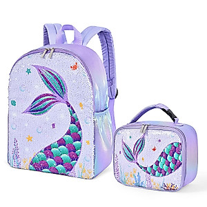 WERNNSAI Mermaid Kids Backpack Set - 15” Mermaid Sequins School Backpack with Lunch Bag for Girls Preschool Kindergarten Elementary Travel Laptop Lightweight Book Bag Insulated Lunch Tote Bag