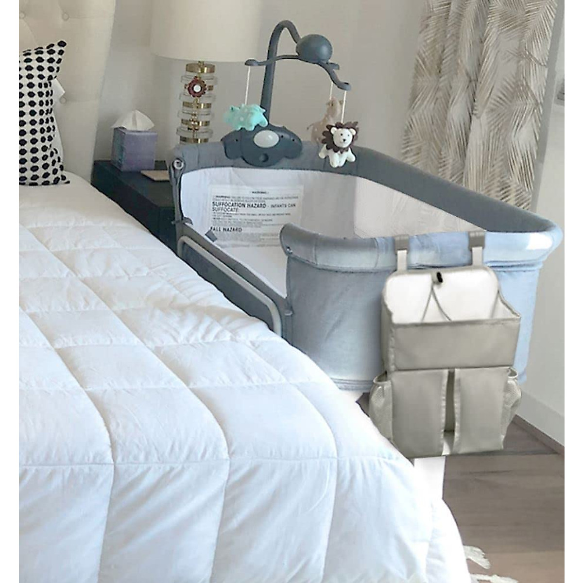 Accessory Bundle Including a Gray Baby Crib Mobile, Large Diaper Caddy, and 2 Mattress Sheets for Your Baby boy or Girl Bassinet