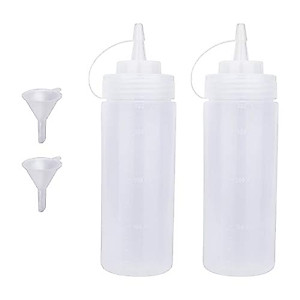 Katfort Squeeze Bottles for Sauces 2 Pack, 12 Ounce Plastic Dressing Squirt Bottles Ketchup Bottles with Cap Lids and Funnel, Condiment Bottles for Liquids BBQ Dressing Pancake Art Dispenser
