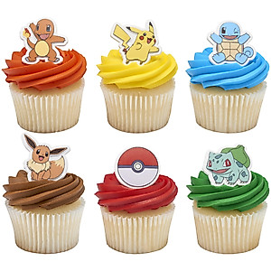 DecoPac Pokémon Rings, Cupcake Decorations With Pikachu, Bulbasaur, Eevee, Charmander, Squirtle, and Poké Ball, Multicolored Food Safe Cake Toppers – 24 Pack