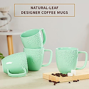 toptier Coffee Mugs Set of 4, 16 Ounce Ceramic Mug Coffee Mugs with Large Handle for Men, Women, Leaf Design Coffee Cups Gift for Coffee, Tea, Milk, Cocoa, Cereal, Green