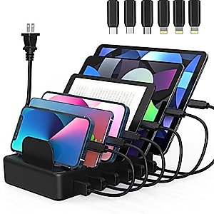 ZXSWONLY Charging Station for Multiple Devices, 50W 6 Ports USB Charging Station Organizer with 6 Cables Compatible with Cellphone, Tablet, Kindle, and Other Electronic (White) (Black)