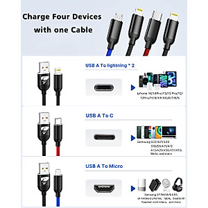 Multi Charging Cable, 2Pack 3.5A Fast Multi Charger Cable 4 in 1 Multiple Nylon Braided USB Cable Universal Charging Cord for Type C Micro USB Port for Cell Phones/IP/Samsung/Ps/LG/Tablets and More
