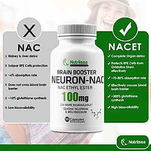 Nutriissa Neuron NAC Supplement N-Acetyl Cysteine Ethyl Ester - 20x More Bioavailable Than NAC 1200 mg - Boost Glutathione 10x More Than Liposomal Glutathione - N Acetyl (90 Capsules)
