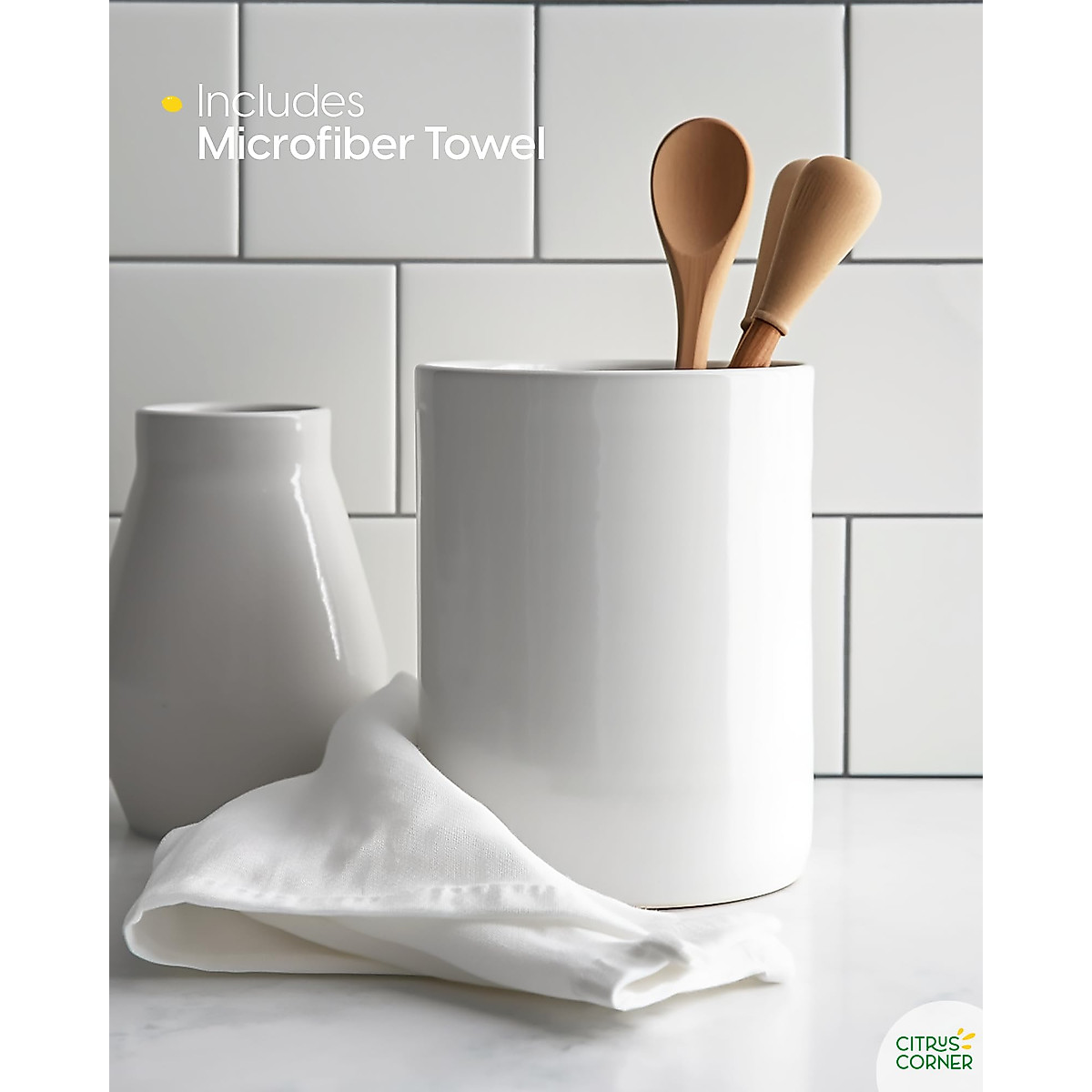 Extra Large Utensil Holder for Kitchen Counter - Ceramic Countertop Utensil Holder for Kitchen Utensils | Kitchen Utensils Holder for Countertop | Includes Microfiber Towel (Utensils Not Included)