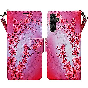 Zase Design Cover for Samsung Galaxy A54 5G Protective Wallet Phone Case Cute Woman Girls Premium PU Leather Flip Folio w/Kickstand ID Card Slot Wrist Strap Magnetic Lock (Pink Cherry Blossom)
