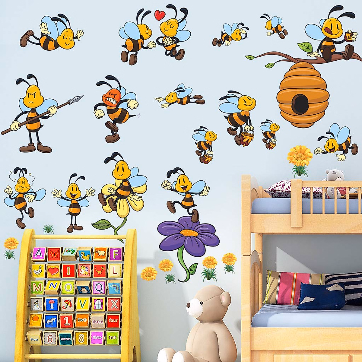 Amaonm Ceative Smile Sun with Bee Honeyco Tree Wall Decals Removable DIY Home Wall Art Decor PVC Peel and Stick Wall Stickers Murals for Kids Bedroom Playroom Girls Boys Nursery Rooms Living Room