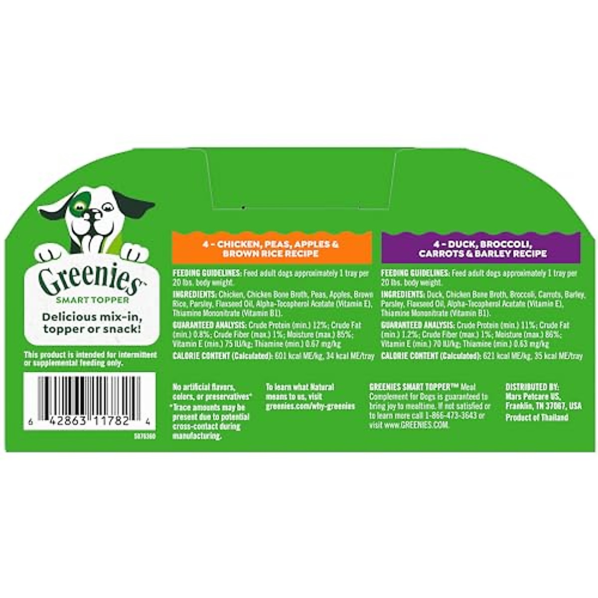 Greenies Smart Topper High Protein Wet Mix-in for Dogs, Chicken, Peas, Apples, and Brown Rice Recipe & Duck, Broccoli, Carrots and Barley Recipe Variety Pack with Whole Grains, 2oz. 8 Trays