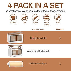 HAIXIN Storage Bins with Lights100 Gallon - Large Stackable Storage Cabinets with Wheels Tabletop & Lights, 78 Qt*4 Plastic Storage Containers for Bedroom Patio Camping Closet Organizers and Storage