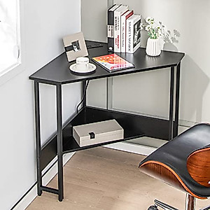 Tangkula Corner Desk with Power Outlet & USB Ports, Triangle Computer Desk with Charging Station, Storage Shelf, Space Saving Writing Desk, Vanity Table, Corner Desk for Small Space (Black)