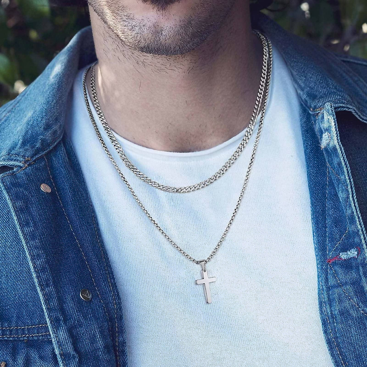 Ursteel Cross Necklace for Men, Mens Cross Necklaces Black Stainless Steel Cross Necklace Chain for Men Layered Cuban Link Chain for Men 20-22 Inch Mens Jewelry Gifts Cross Necklace