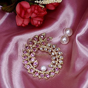 Rhinestone Crystal Round Flower Leaf Vine Brooch Pin for Women Girls Party Fully-Jewelled Fashion Freshwater Pearl Lapel Pin Accessories