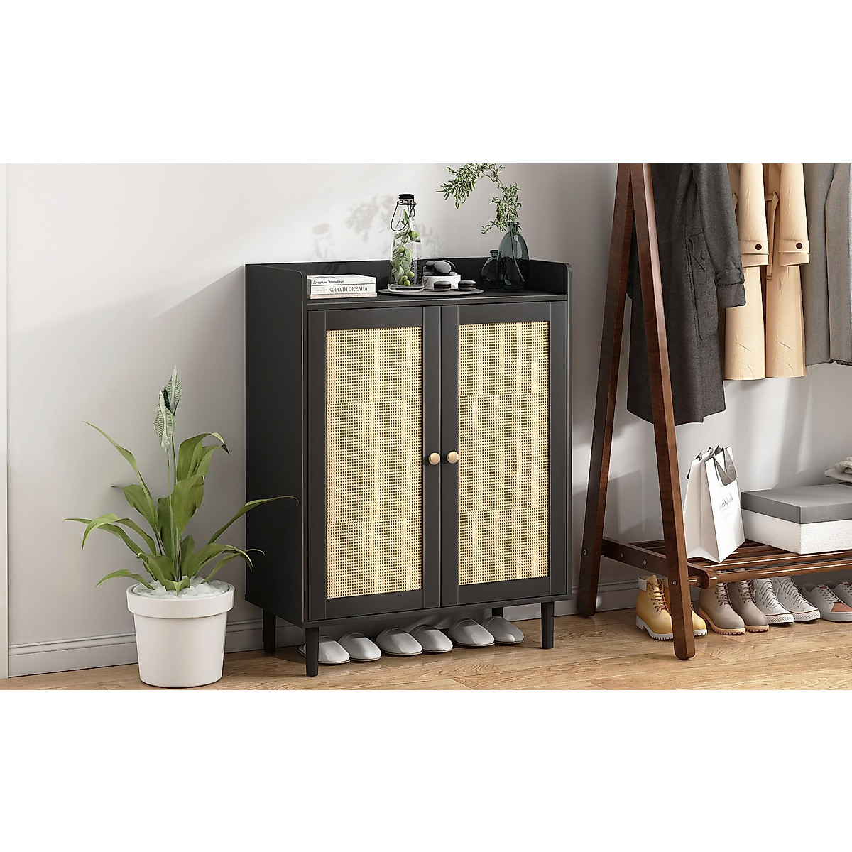 Shoe Cabinet - Rattan Shoe Cabinet for Entryway, Shoe Storage Cabinet with Adjustable Shelves, Black Shoe Cabinet, Farmhouse Freestanding Wood Shoe Rack Organizer for Closet, Living Room, Hallway