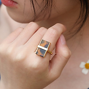 Meow Star Adjustable Rings for Women Gold Plated Rings Acrylic Rings for Women Thin Wide Adjustable Open Ring Fashion Jewelry For Women Leopard Rectangular Ring(Adjustable from 6 to 8)