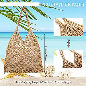2 Pcs Women Travel Beach Bag Cotton Rope Travel Beach Fishing Net Handbag Tote Summer Weave Rattan Mesh Shoulder Purse (Brown)