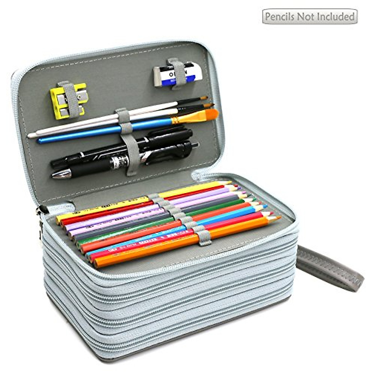 YOUSHARES 72 Slots Pencil Case - PU Leather Handy Multi-layer Large Zipper Pen Bag with Handle Strap for Colored / Watercolor Pencil (Gray)