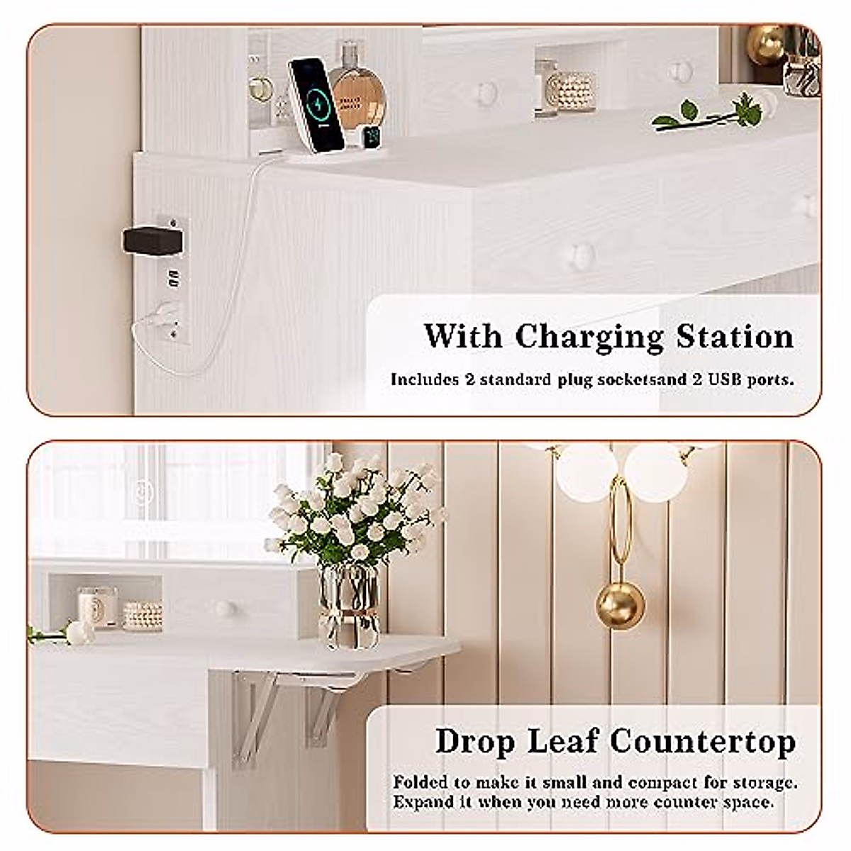 LIKIMIO Vanity Desk with Drawers & LED Lighted Mirror & Power Outlet & Cabinet, Storage Stool, Stylish Bedroom Makeup Table Set, White