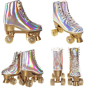 JajaHoho Roller Skates for Women, Holographic High Top PU Leather Rollerskates, Shiny Double-Row Four Wheels Quad Skates for Girls and Age 8-50 Indoor Outdoor (Size 8, Champagne Gold)