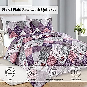 Dinjoy Purple Quilt Set Queen Size, Reversible Floral Plaid Patchwork Pattern Bedding Set Soft Microfiber Lightweight Bedspread Coverlet 3 Piece Spring Summer Use (90x90 inches)