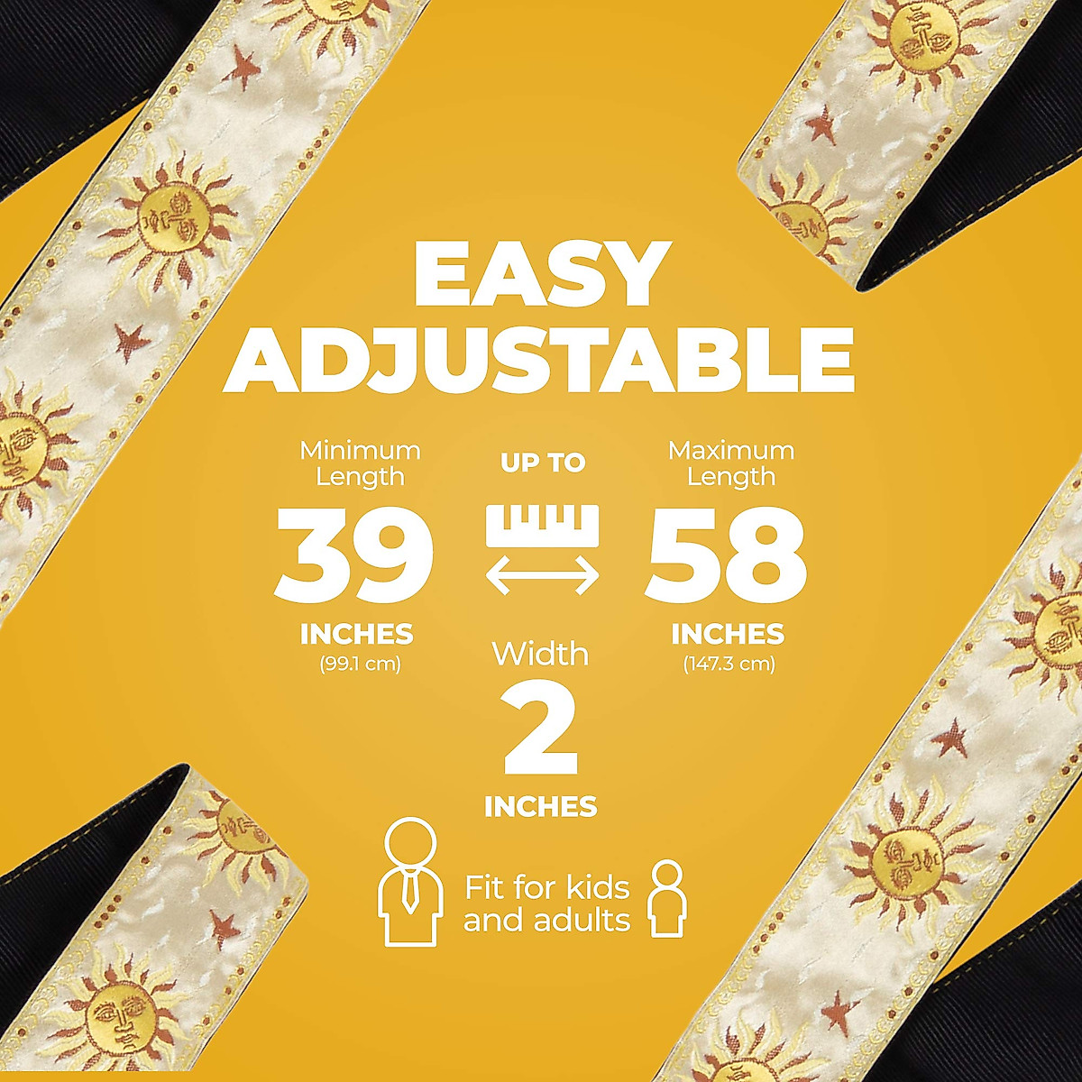 Perris Leather Guitar Strap - Sunshine Motif Jacquard Ribbon Guitar Strap, with Leather Ends - Electric/Acoustic/Bass Guitar Strap - Adjustable Strap From 39″ to 58″ - Gold