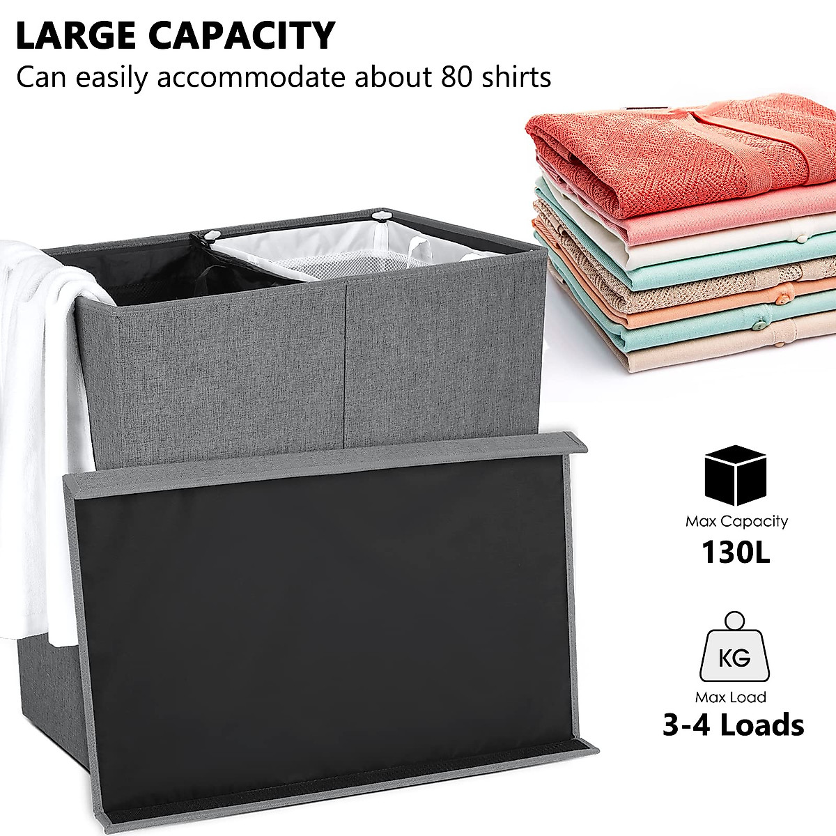 MaxGear Double Laundry Hamper with Lid and 2 Removable Bags, 130L Divided Laundry Basket Laundry Sorter 2 Section & Dual Handles, Large Collapsible Dirty Clothes Basket for Bedroom, Laundry Room, Gray