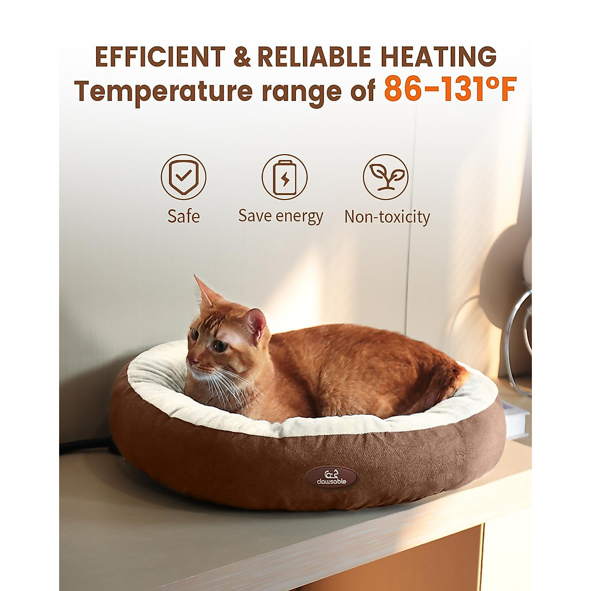 clawsable Heated Cat Bed for Small Medium Size Cats, Super Soft Round Heated Pet Bed with Warming Temperature Cat Bed for Indoor Cats, Electric Cat Heating Bed for Kittens (Beige+Brown)