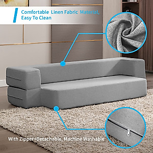 Mjkone 8.6 Inches Floor Sofa Bed Queen Size, Convertible Folding Sofa Bed, Sleeper Couch Bed with Memory Foam Mattress, Guest Bed for Living Room/Bedroom/Guest Room/Home Office (Light Grey)