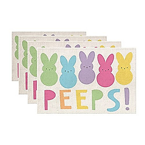 ARKENY Easter Placemats 12x18 Inches Set of 4, Bunny Rabbit Peeps Seasonal Farmhouse Burlap Indoor Kitchen Dining Table Decorations for Home Party AP047-18