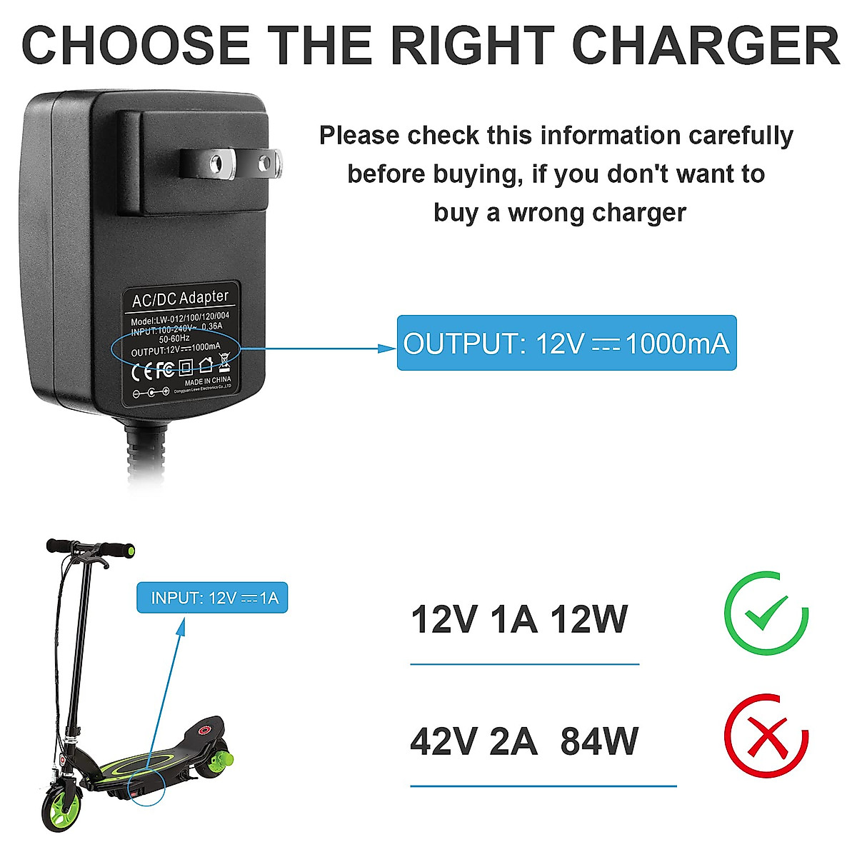 12V 1A Power Adapter for Razor Power Core 90, E90 E95 95 Charger, ePunk, XLR8R, Electric Scream Machine, Kids Ride On Toys, Electric Scooter Power Supply - 6.5 FT Battery AC DC Power Cord Charge