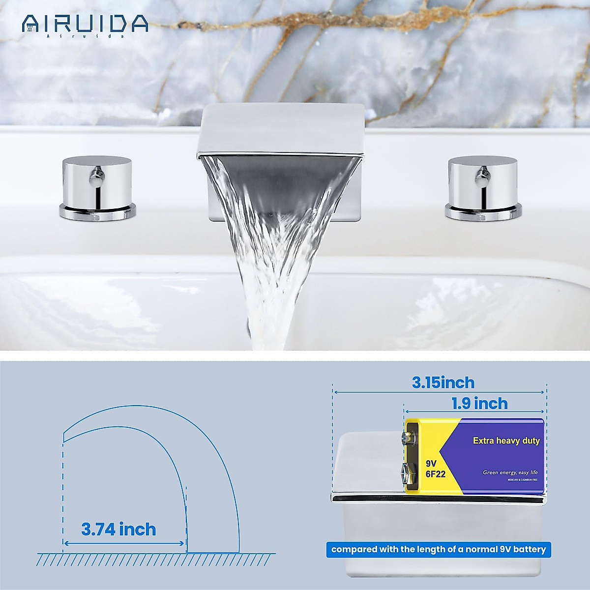Airuida Waterfall Widespread Bathroom Sink Faucet, 8 Inch Widespread Bathroom Faucet Chrome Polish with Pop-Up Drain, 2-Handles 3 Holes Commercial Modern Vanity Faucet with Water Supply Lines