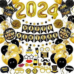 2024 Happy New Year Party Supplies, Foil Balloons Set, Happy New Year Banner, Latex Balloons, Curtains, Paper Pompoms for Home Outdoor Decor New Years Eve Party Supplies 2024, Black and Gold