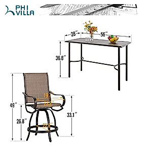 PHI VILLA Patio Swivel Bar Set of 5,Large Metal Table and Barstool with Breathable Fabric,Black Thickened Frame and 360 Degree Swivel Bar Height Chairs for Lawn,Garden