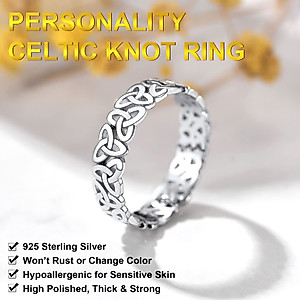 FOCALOOK Celtic Knot Ring 925 Sterling Silver Triquetra Ring Wedding Band Stackable Ring Celtic Jewelry for Women(Size 8)