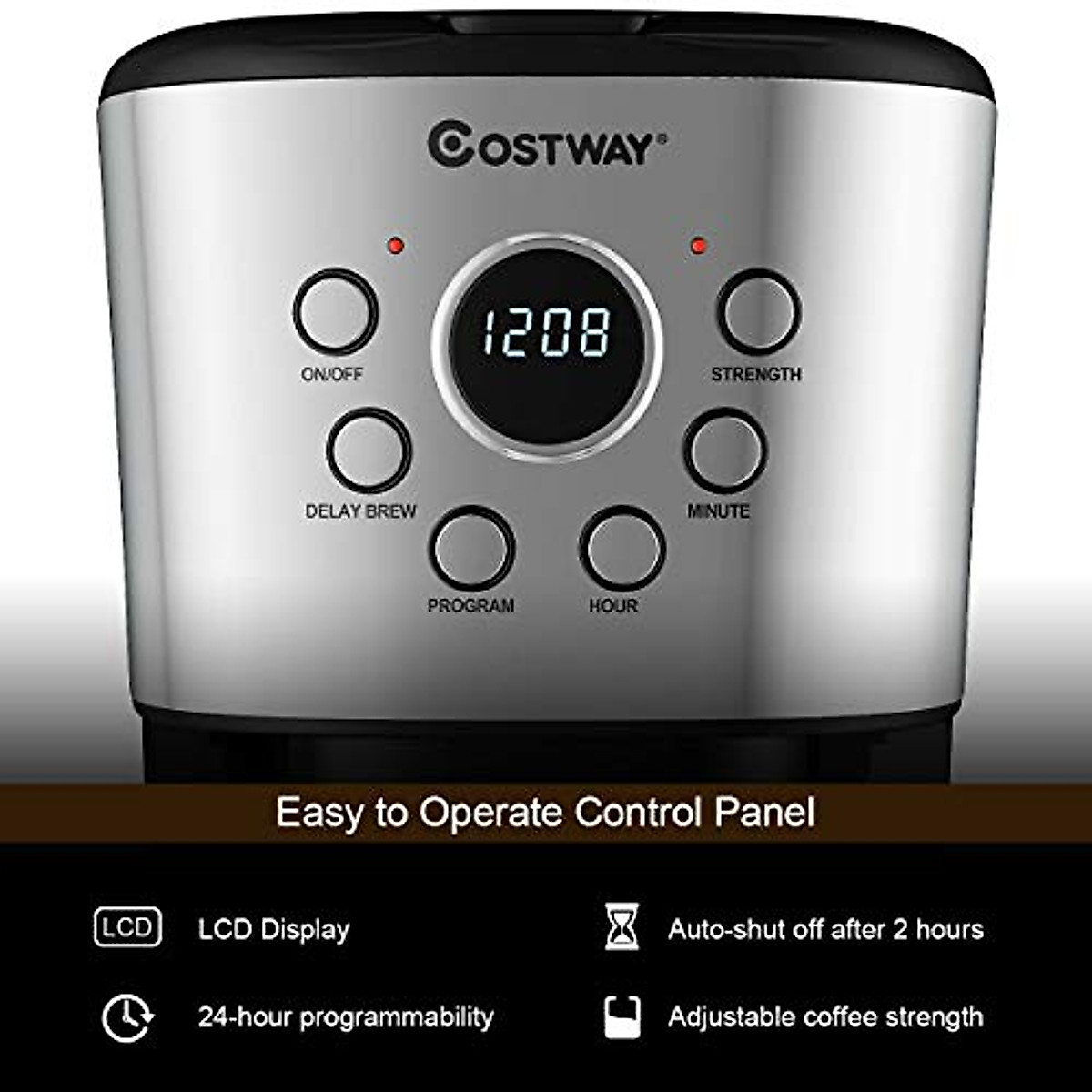 ARLIME 12-Cup Programmable Coffee Maker, 900W Drip Coffee Maker Pot W/LED Display, Brew Strength Control, Anti-Drip System, Warming Plate & Glass Carafe, Keep Warm 2-Hour Brew Coffee Machine, Black