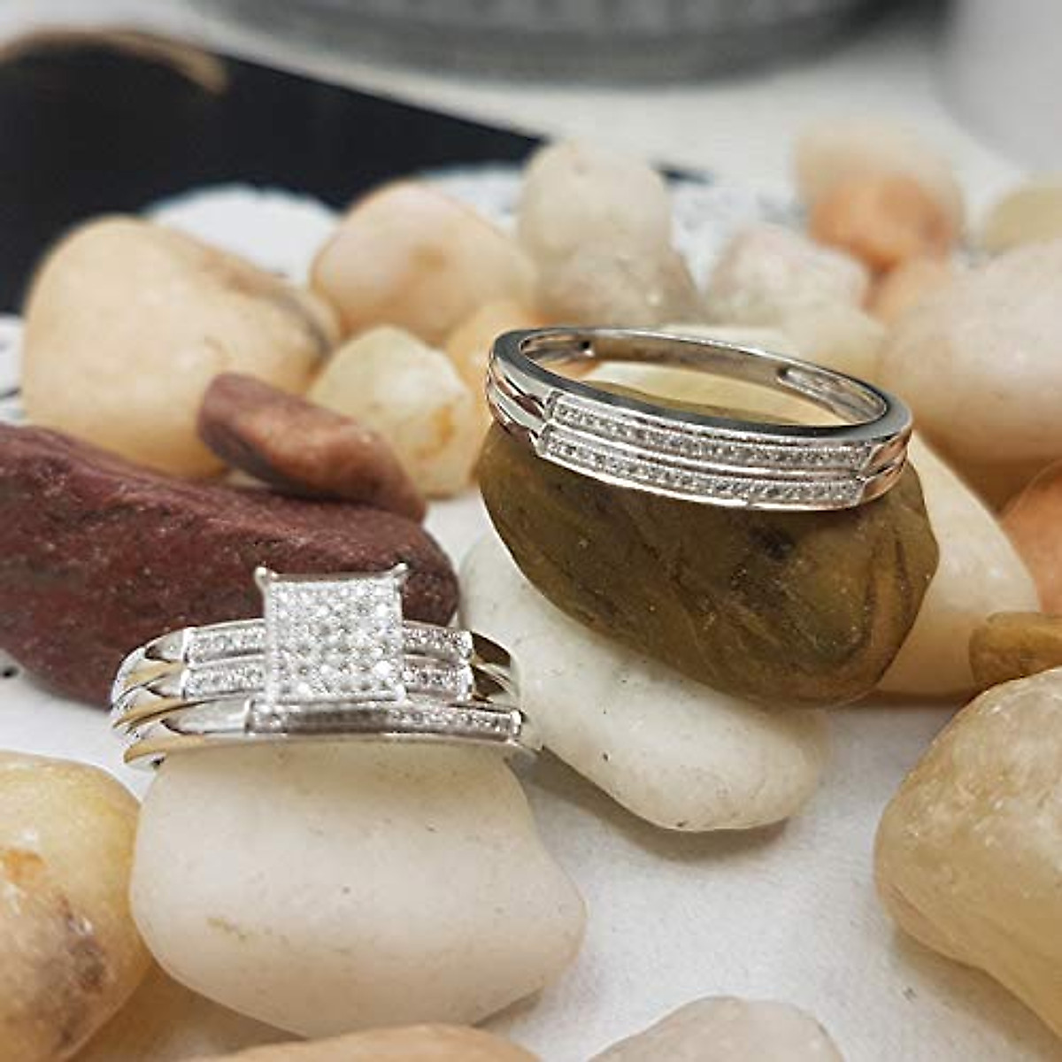 Dazzlingrock Collection 0.20 Carat (Cttw) Round Diamond Men's & Women's Engagement Ring Trio Ring Set 1/5 CT, Sterling Silver