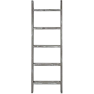 MyGift Gray Washed Wood Decorative Ladder Shelf, 4.5 Foot Wall Leaning Wooden Towel Blanket Ladder Storage Rack for Bathroom or Living Room