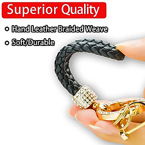 Worcas Car Keychain With Bling Rhinestones,eather Woven Keychain with anti loss telephone number plate,360 Degree Rotatable Universal Key Fob Keychain for all Cars(White-Gold)