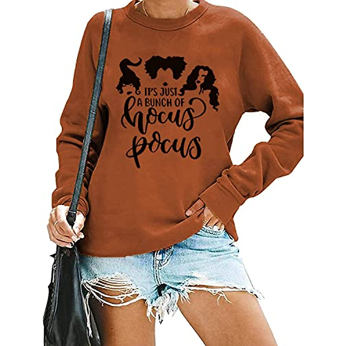 BANGELY Halloween Squad Sweatshirts Women Hocus Pocus Long Sleeve Shirts Sanderson Sisters Pullover Tops Blouse Brown