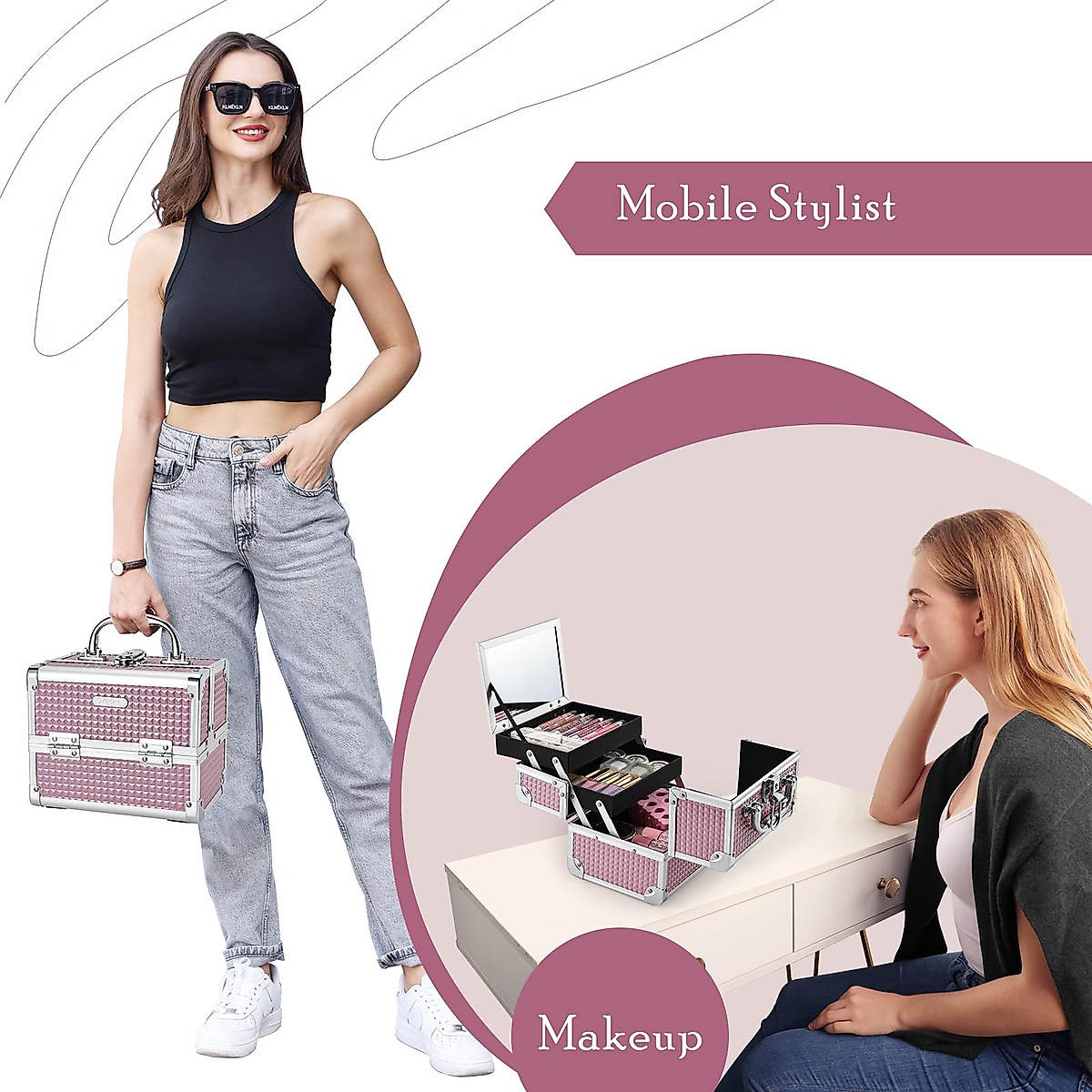 Joligrace Makeup Train Case Portable Cosmetic Box Jewelry Organizer Lockable with Keys and Mirror 2-Tier Trays for Makeup Artists Craft Nail Kits Sewing Box Traveling Makeup Storage Case Pink