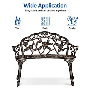Yaheetech Outdoor Garden Bench Patio Park Bench, Aluminum Floral Rose Accented Antique Metal Bench Loveseat, Outdoor Yard Furniture