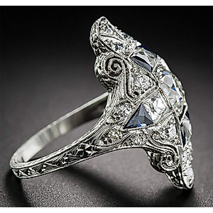 Aimys Vintage Rhodium Plated Cubic Zirconia CZ Statement Art Deco Milgrain Cocktail Fashion Right Hand Ring Women Sapphire Gems Wedding Engagement Jewelry Size 6