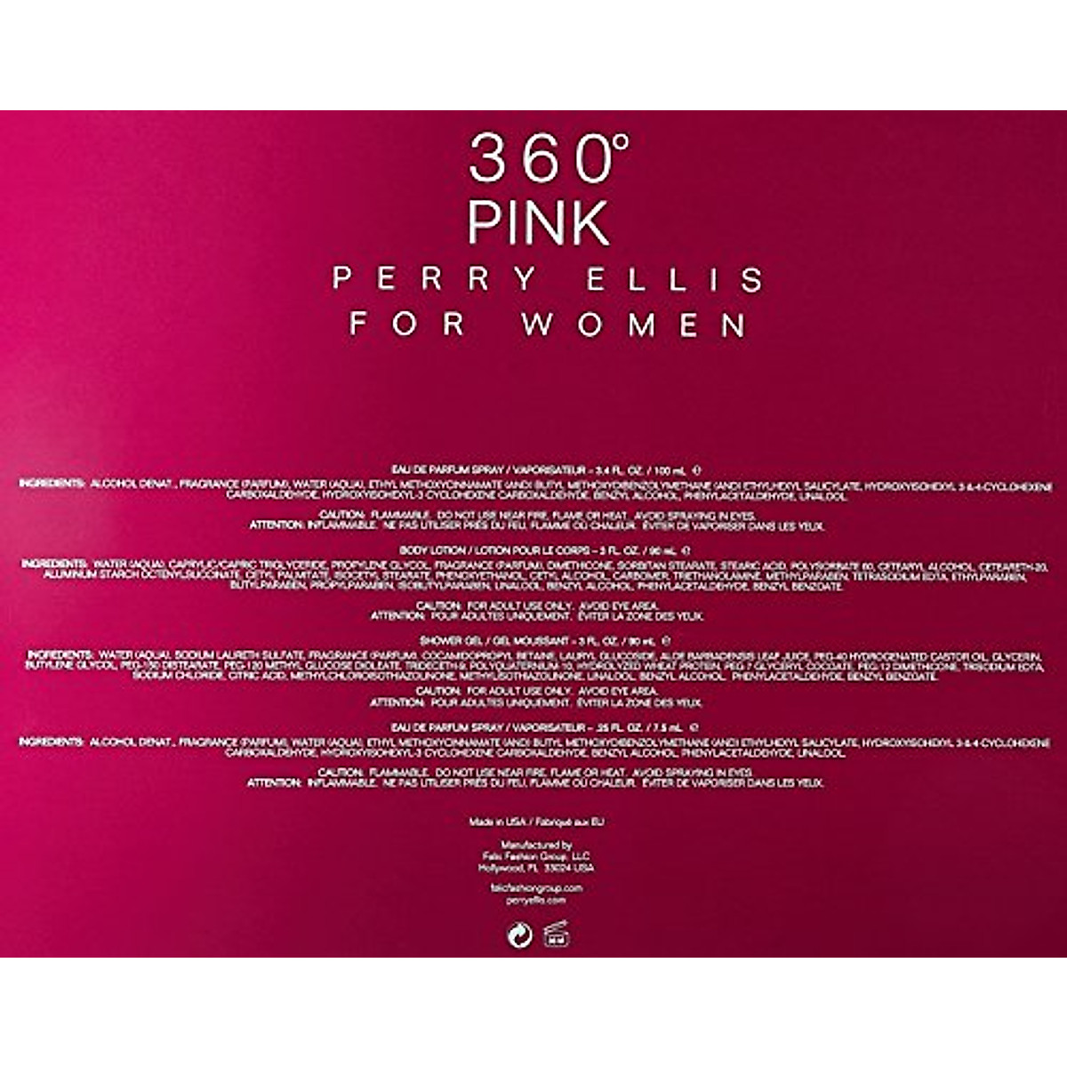 Perry Ellis 360 Pink for Women Gift Set (Eau de Parfum Spray 3.4 Ounce, Lotion, Shower Gel, Eau de Parfum Spray 0.25 Ounce)