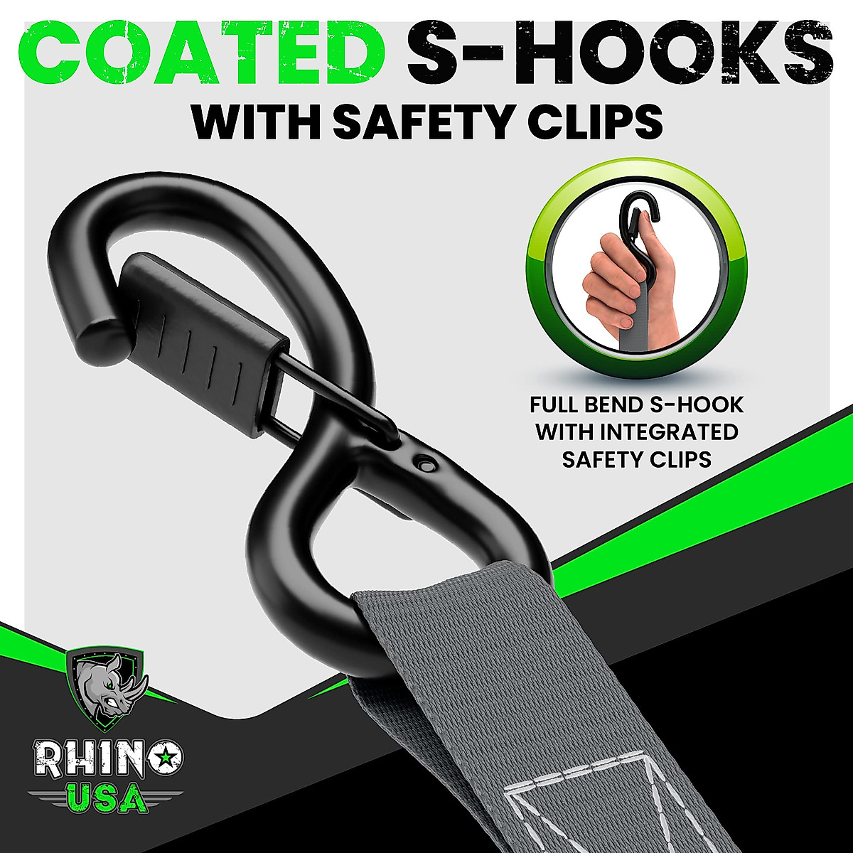 Rhino USA Ratchet Tie Down Straps (4PK) - 1,823lb Guaranteed Max Break Strength, Includes (4) Premium 1" x 15' Rachet Tie Downs with Padded Handles. Best for Moving, Securing Cargo (Gray 4-Pack)
