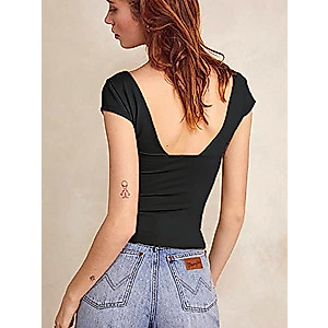 TiulZial Women's Sexy Backless Crop Tank Tops Deep V Neck Short Sleeve T-Shirts Slim Fit Y2K Tops Open Back Cami Tops Black,S