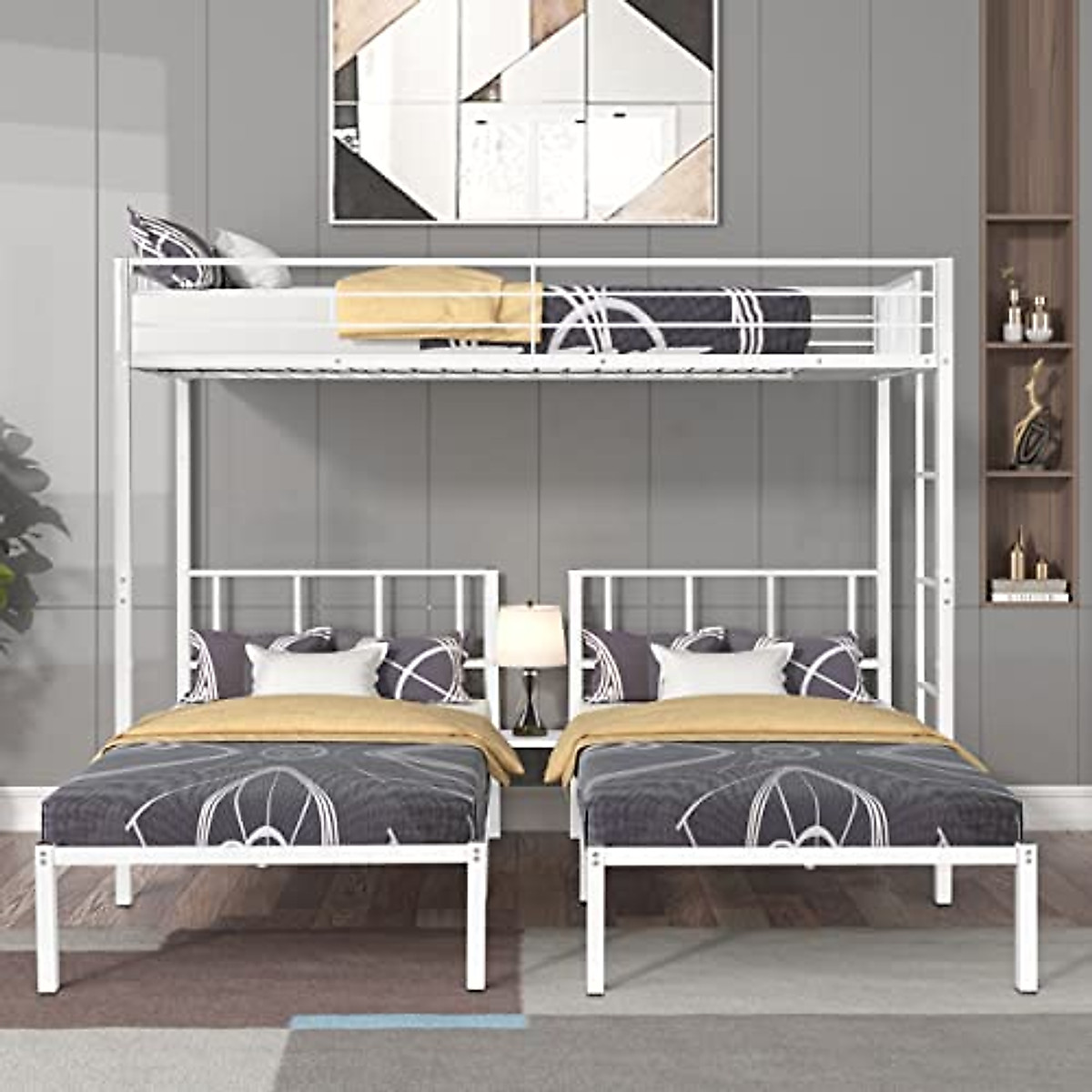 UFINEGO Twin Over Twin & Twin Bunk Bed, Triple Bunk Bed Metal Bunk Bed Frame with Guardrails, Converted into Three Single Twin Bed, No Box Spring Needed