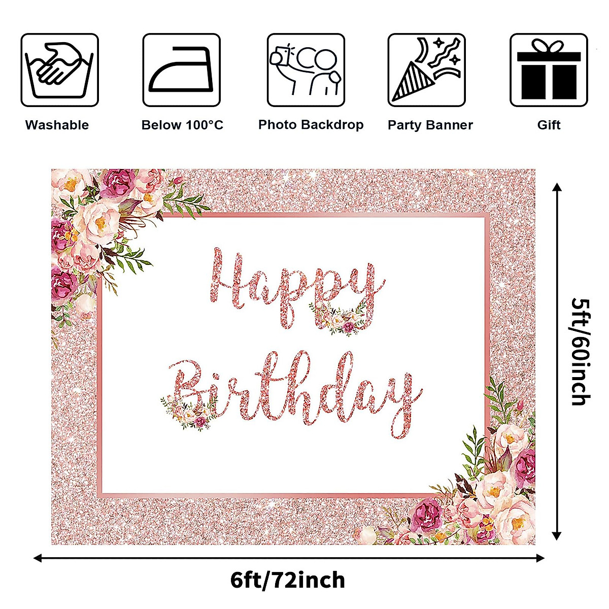 Avezano 6x5ft Rose Gold Birthday Backdrop Pink Glitter Flowers Happy Birthday Party Decorations 16th 21st Birthday Photography Background for Women and Girls Floral Photo Booth Banner
