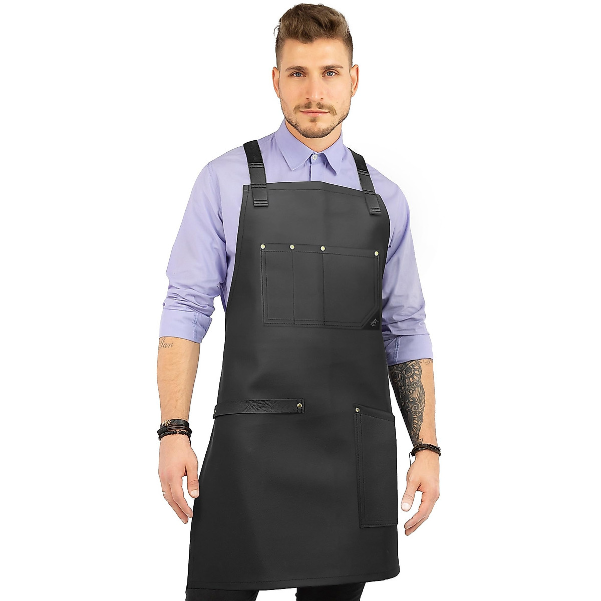 Under NY Sky Leather Apron - Cross-back Straps, Riveted, Vegan Leather - For Barbers, Hairstylist, Bartender, Barista