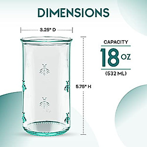 Amici Home Regina Hiball Glass | 18 Oz | Italian Made, Recycled Green Glass | Drinking Glass with Embossed Bee Design for Water, Juice, Iced Tea, Cocktails (Set of 6)