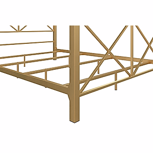 DHP Rosedale Metal Canopy Bed Frame with Four Poster Design and Geometric Accented Headboard and Footboard, Underbed Storage Space, Queen, Gold