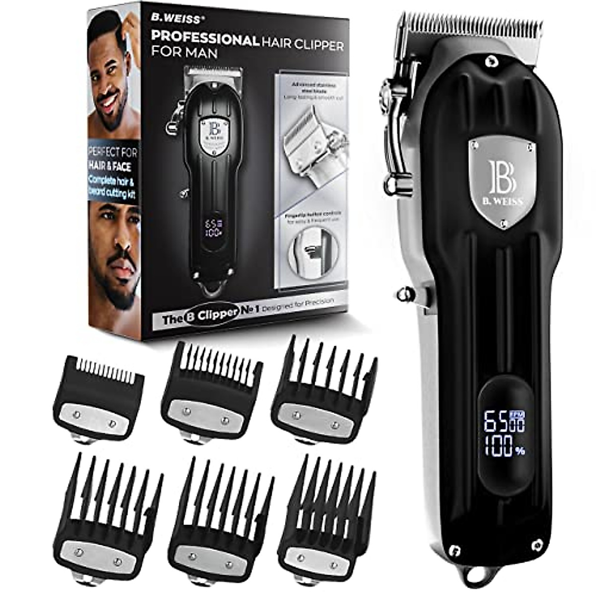 B. WEISS Professional Stainless Steel Hair Clippers for Home Use, Beginners Cordless Grooming Kit for Hair Cutting at Home, Beard, Body Hair,Rechargeable with LED Display